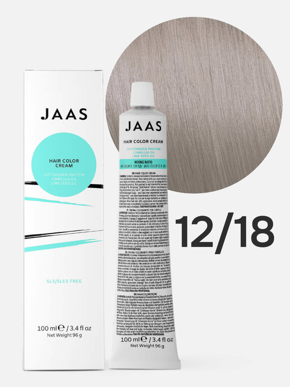 Крем - краска для осветления волос профессиональная Jaas 12/18 Суперосветляющий блонд Пепельный матовый, 100 мл