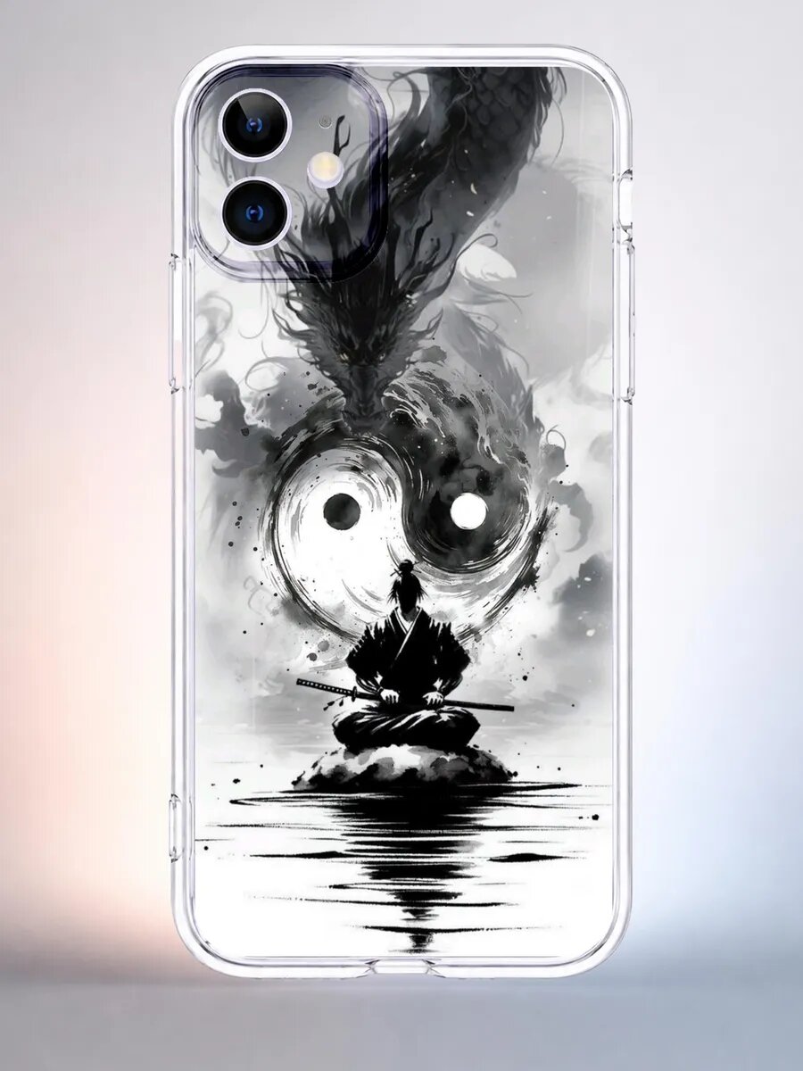 Чехол iPhone 11 Самурай и дракон силиконовый прозрачный