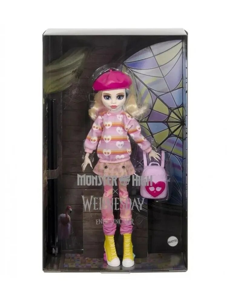 Монстр хай, коллекционная, Mattel Monster High Wednesday Enid Sinclair Collectible Doll / Модная розовая кукла с беретом, рюкзачком, подставкой для куклы и другими аксессуарами, игрушки для девочек