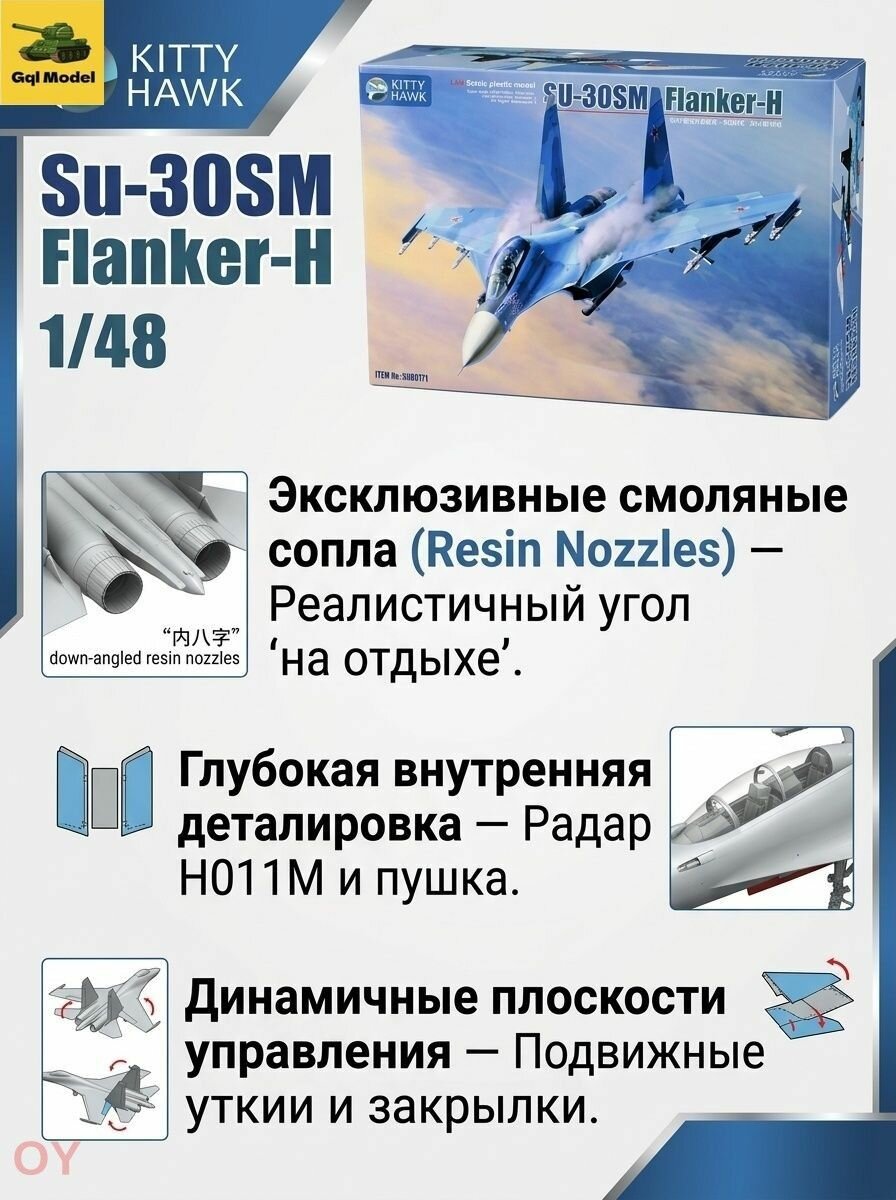 Сборная модель 1/48 Су-30SM -H (KH80171), истребитель, пластиковая, с фототравлением и смоляными соплами УВТ, раритет