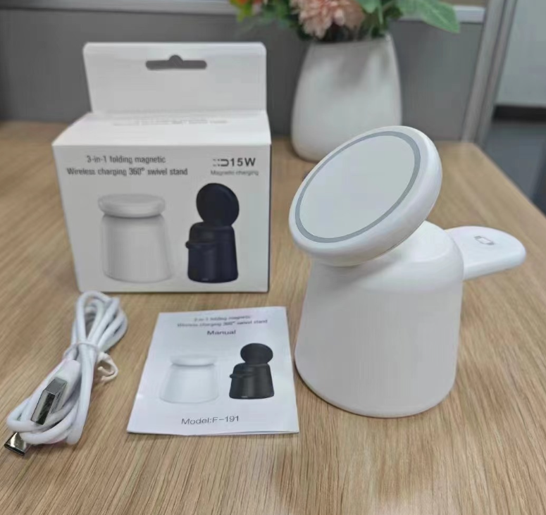 Магнитная беспроводная зарядка 3-в-1, 15W, для iPhone, Apple Watch и AirPods, быстрая зарядка, металлический корпус