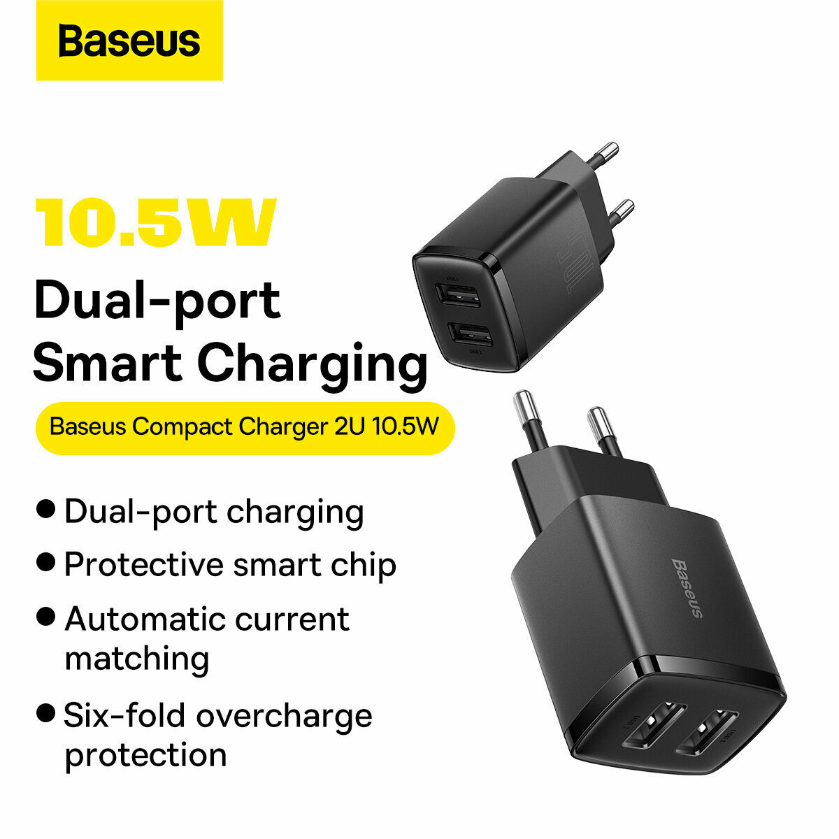 Сетевое зарядное устройство Baseus Compact 10.5W 2xUSB-A (CCXJ010201) черный