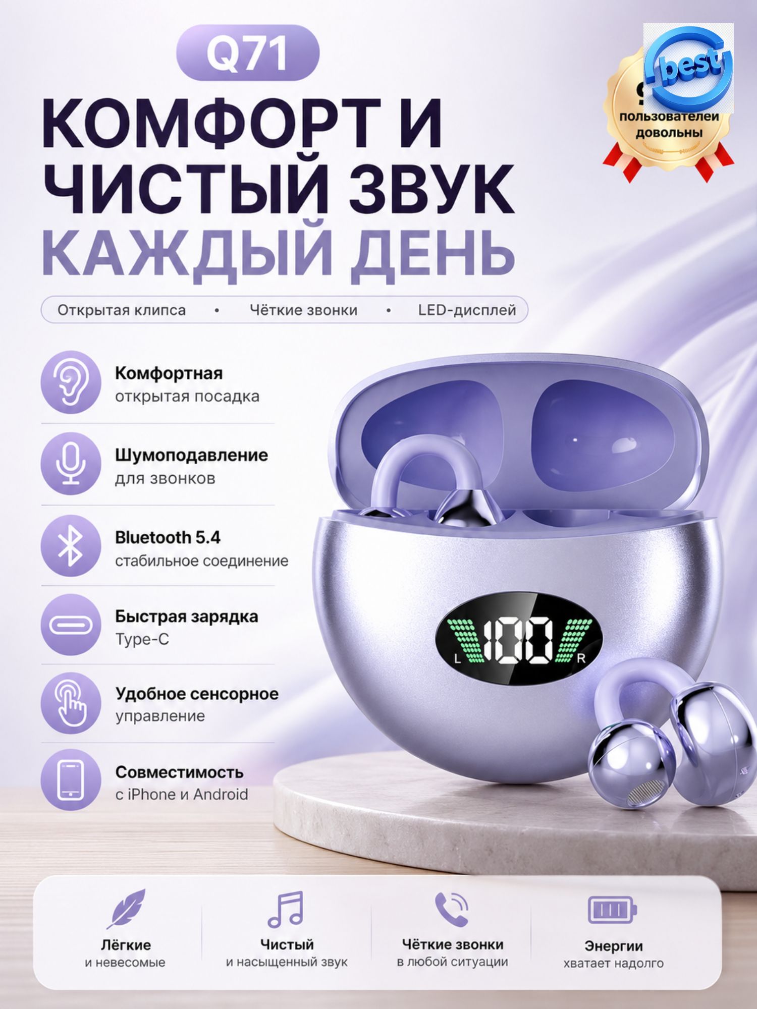 Наушники беспроводные с микрофоном, Bluetooth, фиолетовый
