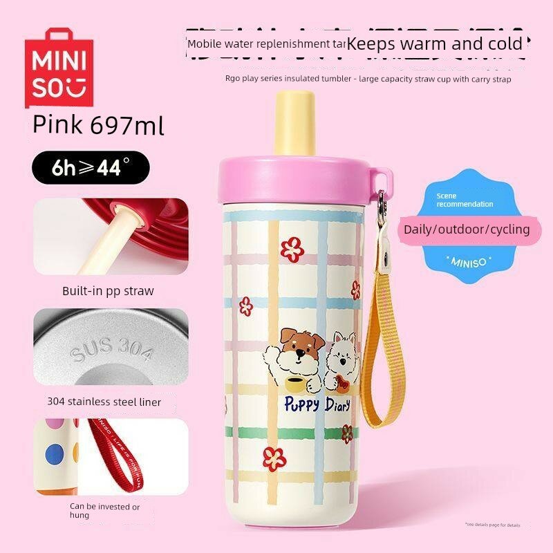 Термокружка Miniso Play Series 304 с соломинкой и ремешком, милая и стильная бутылка для воды, 697 мл. розовый