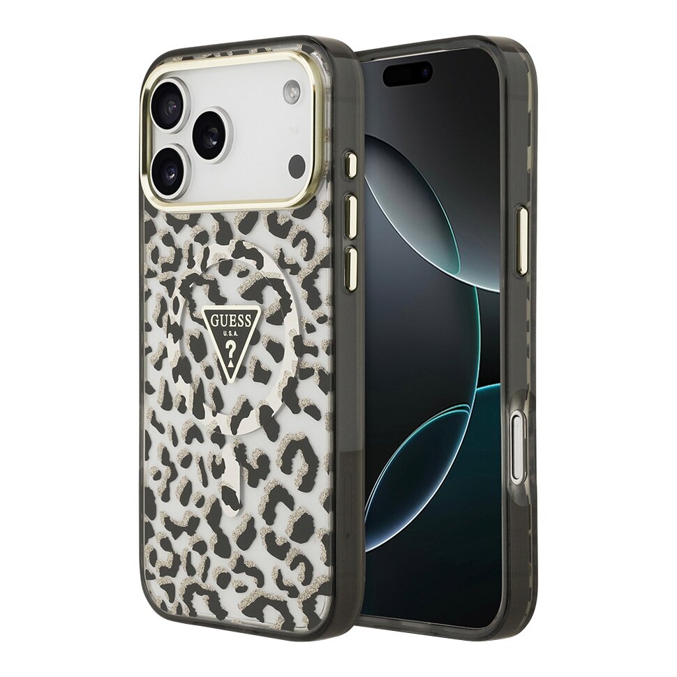 Guess чехол MagSafe для iPhone 17 Pro, с принтом IML Leopard Glitter, черный