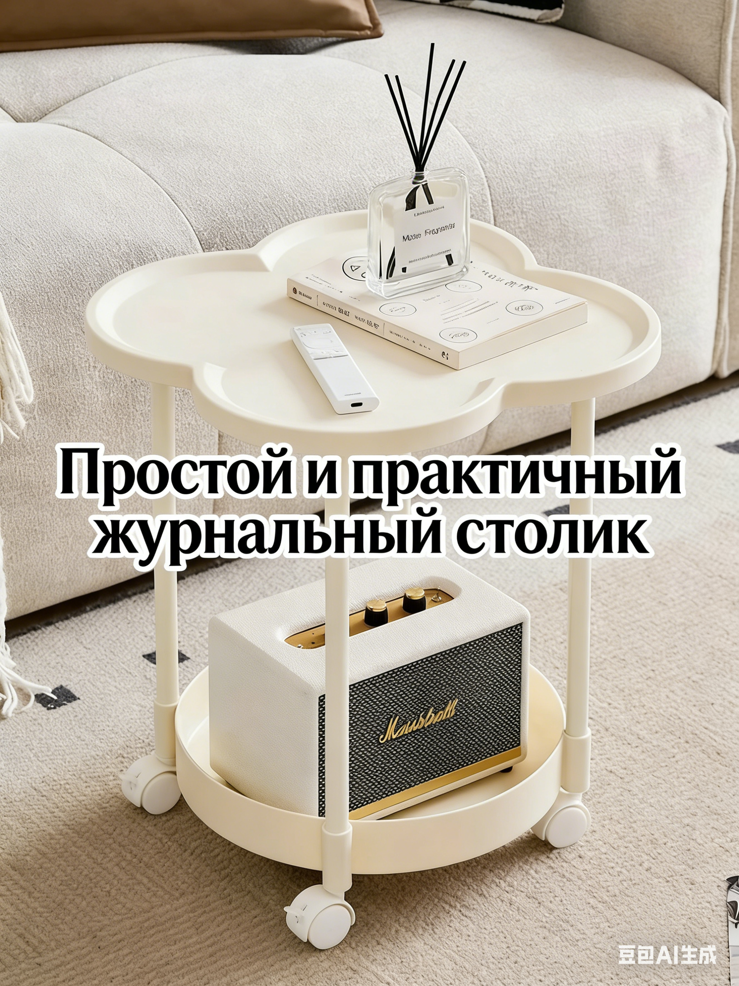 Простой и практичный журнальный столик, механизм на роликах, пластик, высота 49 см, кремово-белый