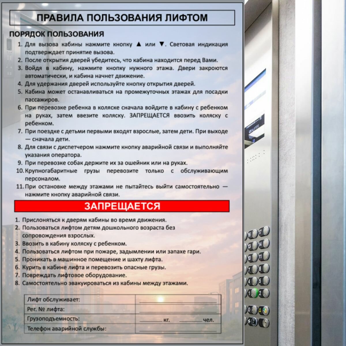 Правила пользования лифтом плакат 210х305 самоклейка ПВХ