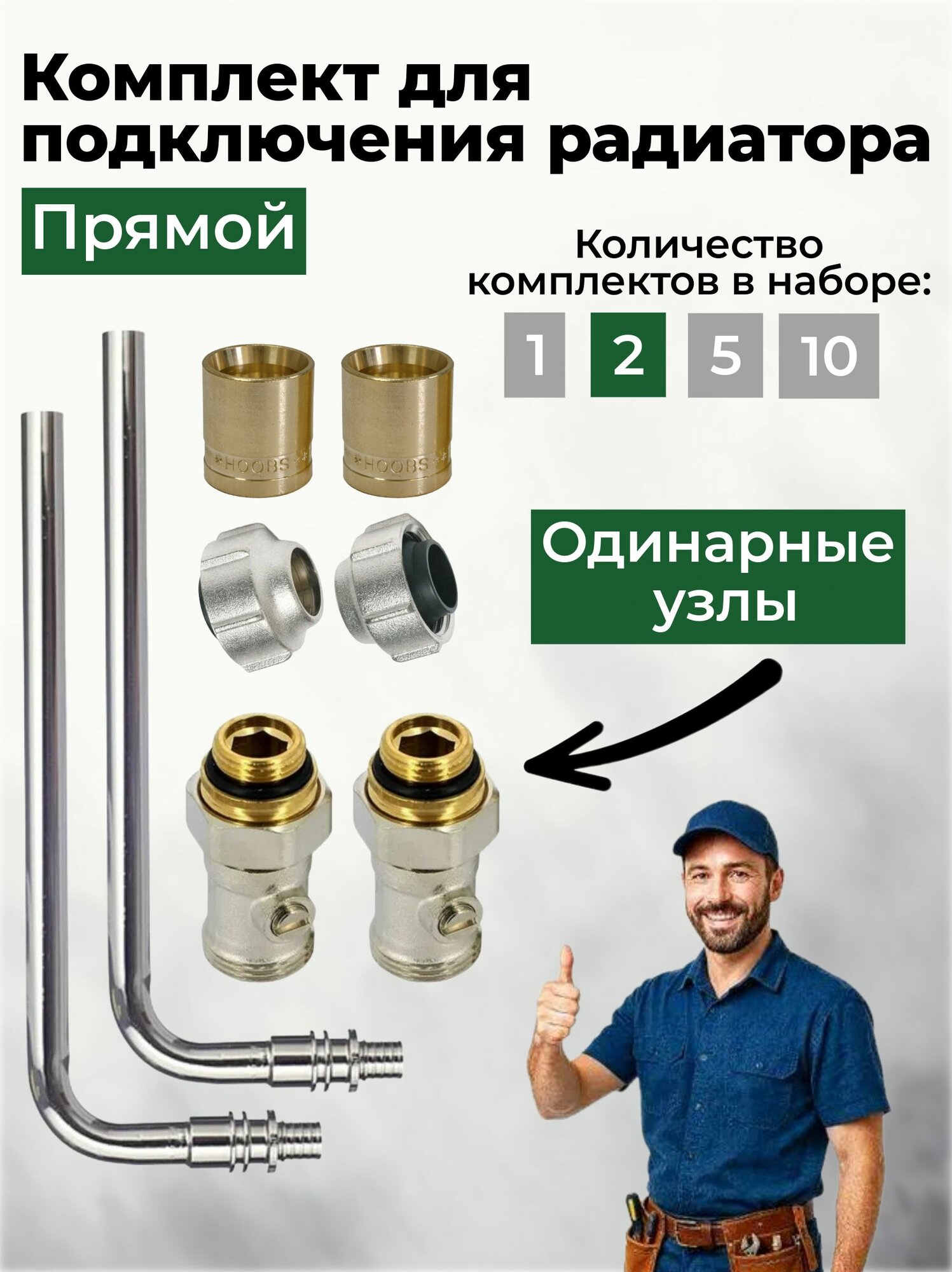 Трубка для подключения радиатора Г-образная 16/250 мм, Узел нижнего подключения радиатора, раздельный, прямой, 3/4"х1/2", евроконусами G3/4"- 15*1, гильзами 16 мм. 2 набора