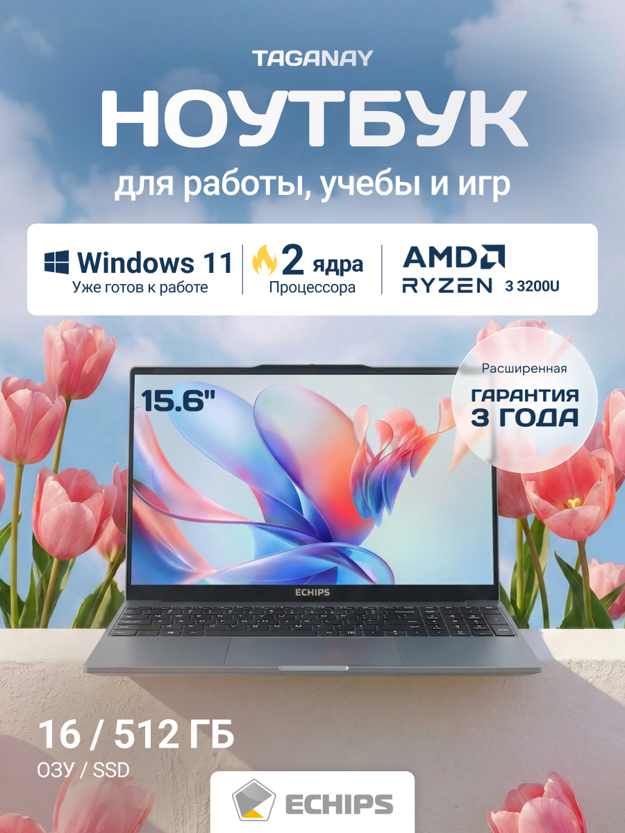 15.6" Ноутбук ECHIPS Taganay серый Ryzen 3 3200U, 2 ядра, ОЗУ 16 SSD 512, IPS 1920Х1080, Radeon RX Vega 3 с ОС Windows 11 Home