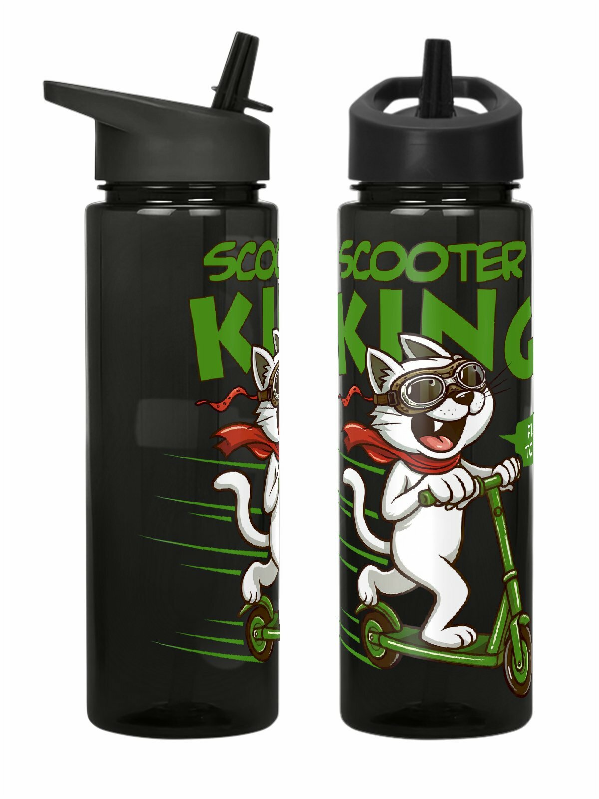 Бутылка черная для воды с принтом Кот на самокате с надписью Scooter king