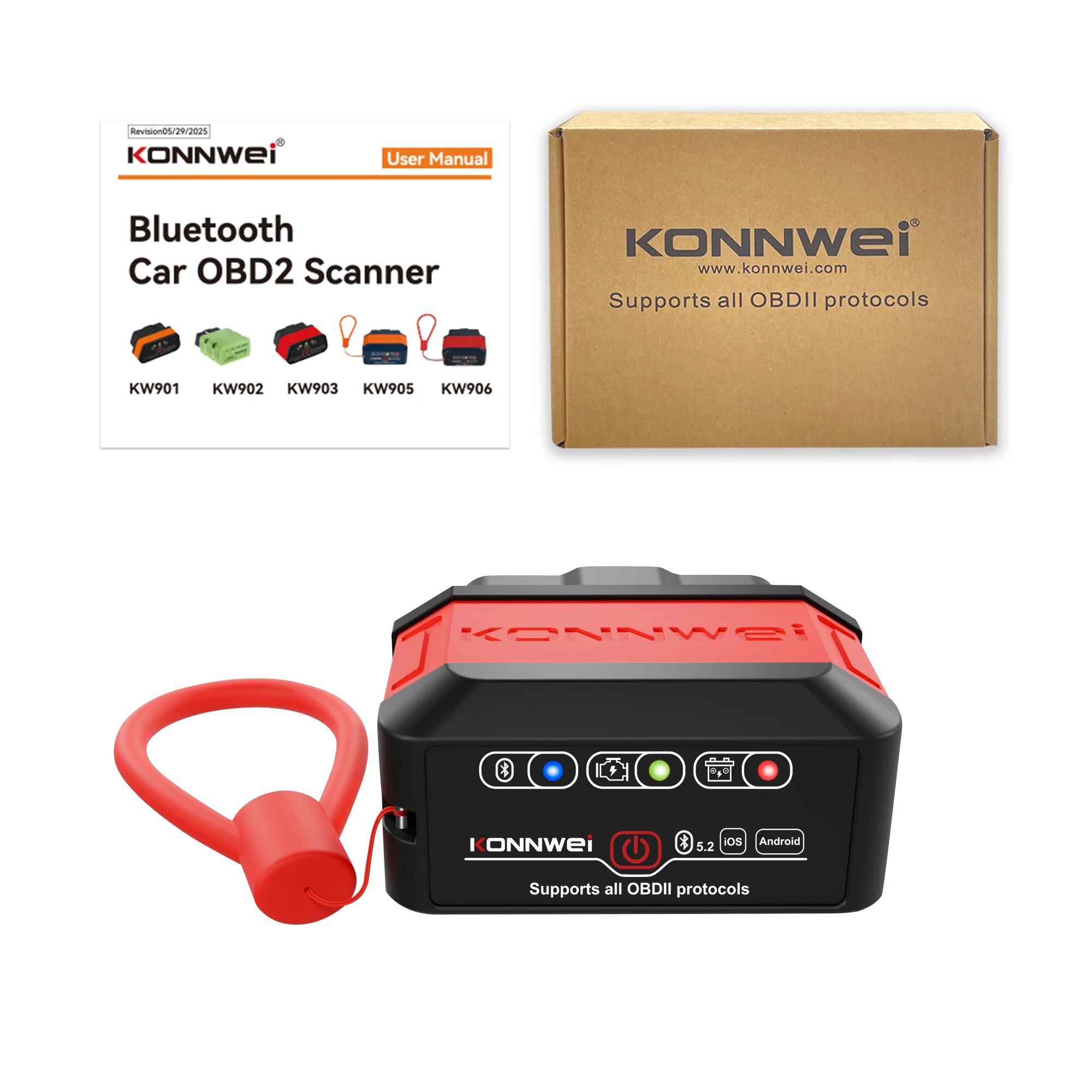 KONNWEI KW906 OBD2 сканер Bluetooth, красный