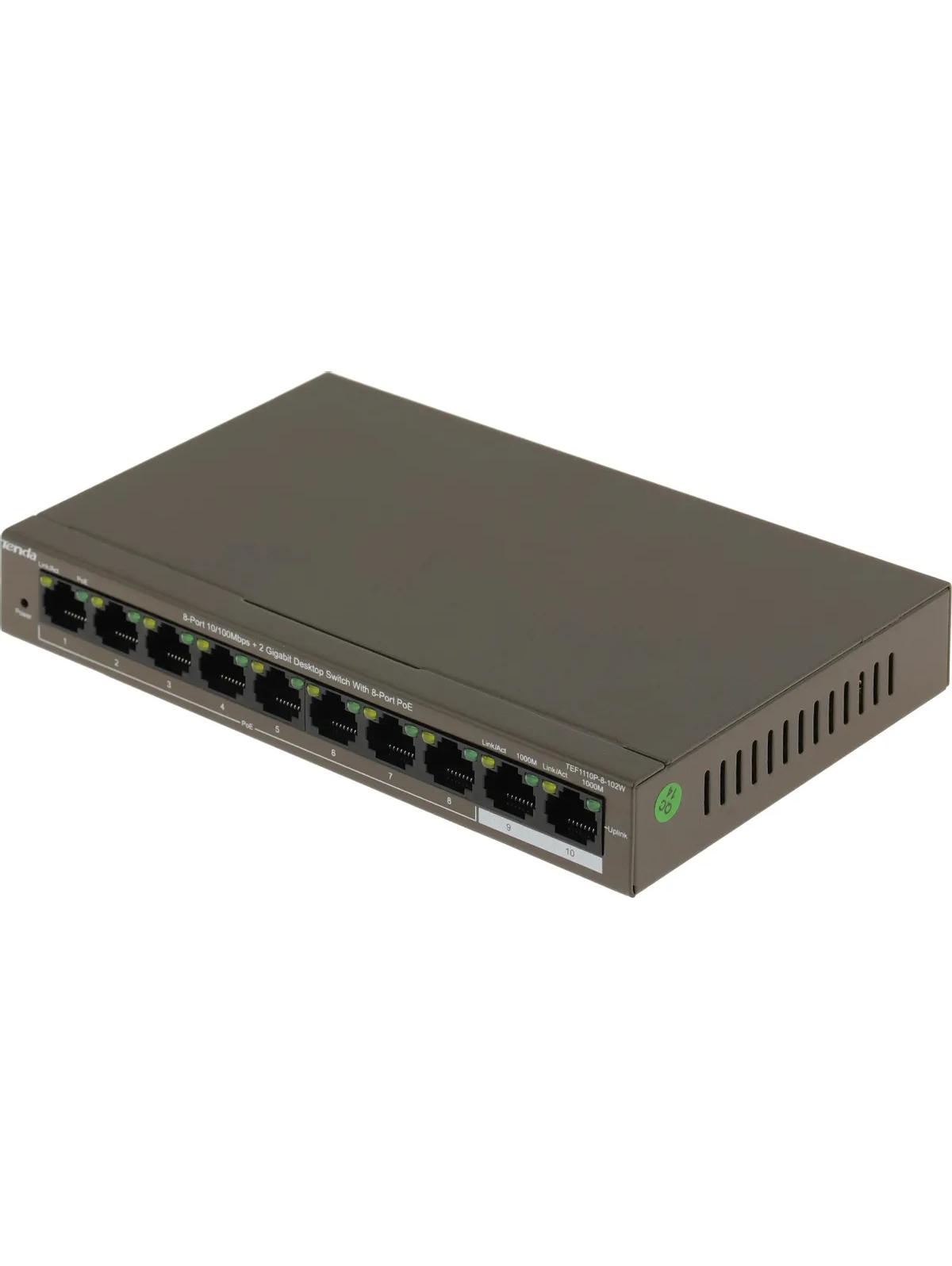 Коммутатор неуправляемый Tenda TEF1110P-8-102W 10х10/100 Мбит/с, 2 uplink/стек/SFP(до 1 Гбит/с), 8*PoE, бюджет PoE 99 Вт