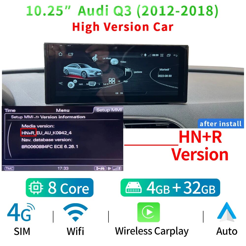 8-ядерная автомобильная мультимедийная стереосистема Android 13 для Audi Q3 Google HN-R MTK 4-32GB