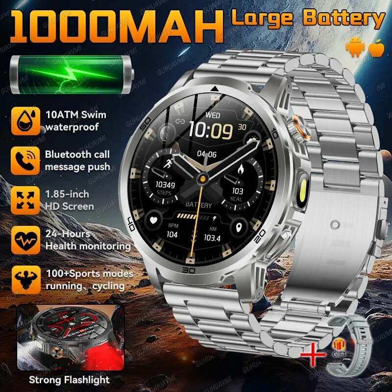 Мужские умные часы Silver Steel, 1.85" AMOLED, 1000 мАч