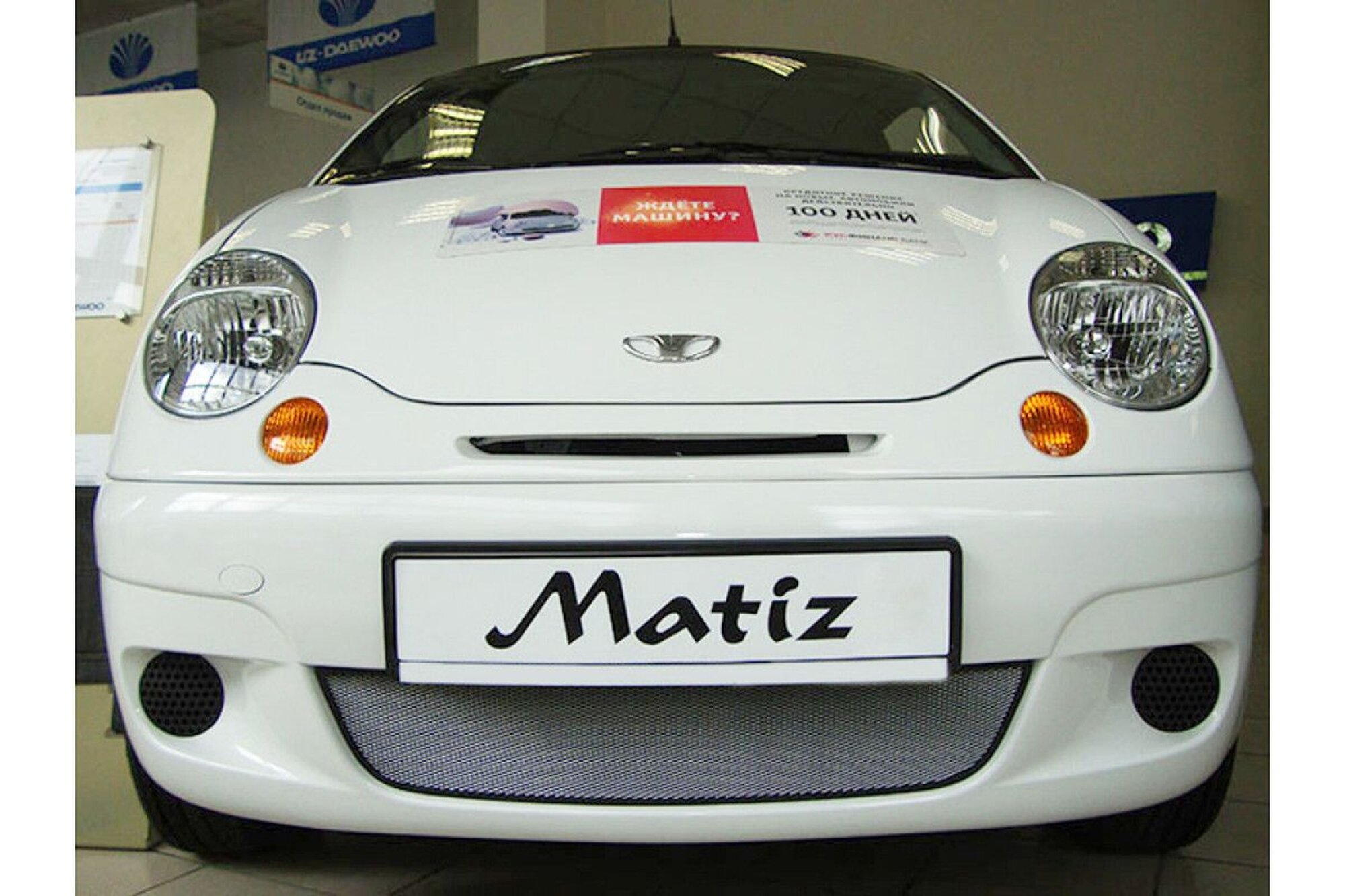 Защитная сетка радиатора с окантовкой и защелками для Daewoo Matiz 2000-2015 (I рестайлинг), низ, хром