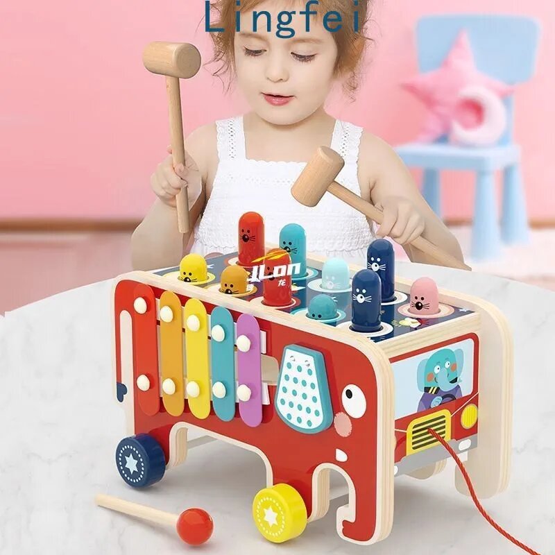 Детский деревянный развивающий набор игрушек - многофункциональные игрушки: слон с ксилофоном, игра "Ударь крота", динозавр на колесиках, музыкальные молоточки