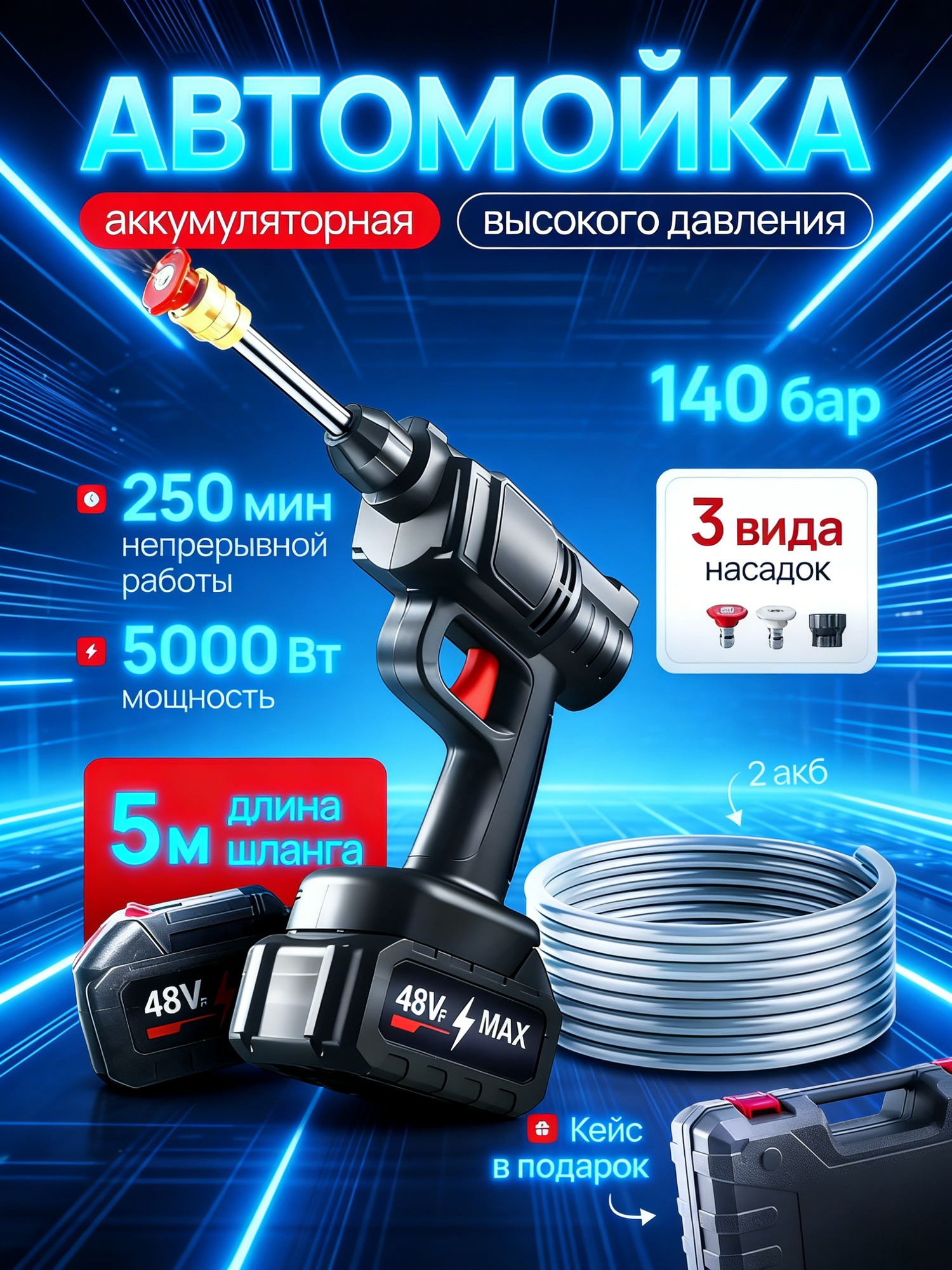 Мойка высокого давления, 1000Вт, портативная, аккумуляторная, с фильтром, в кейсе