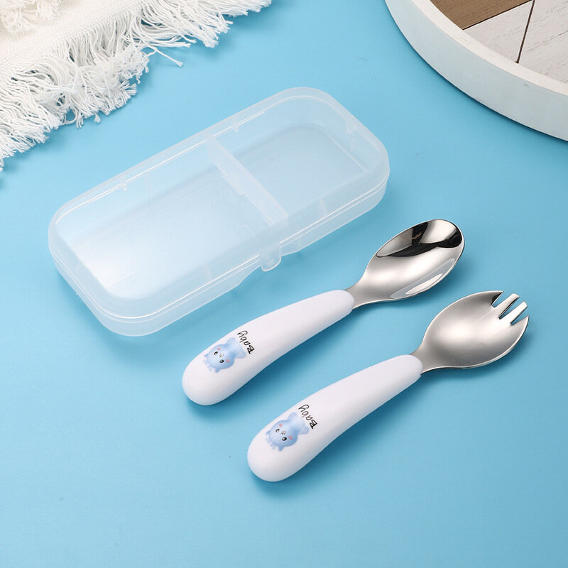 Набор из ножниц и вилки из нержавеющей стали 304 для обучения малышей с кейсом, белый с рисунком синего олени