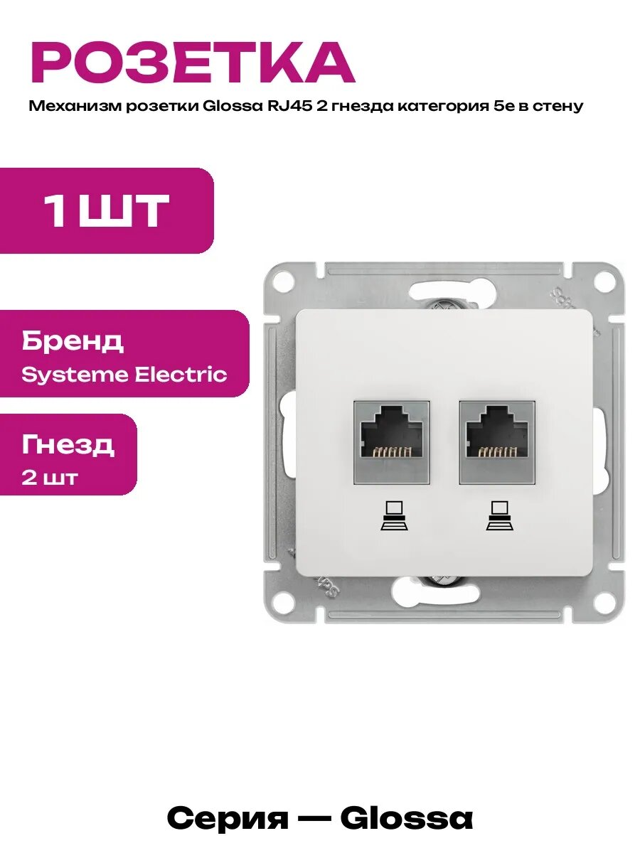 Розетка для сетевого кабеля Glossa 2хRJ45 категория 5е белая