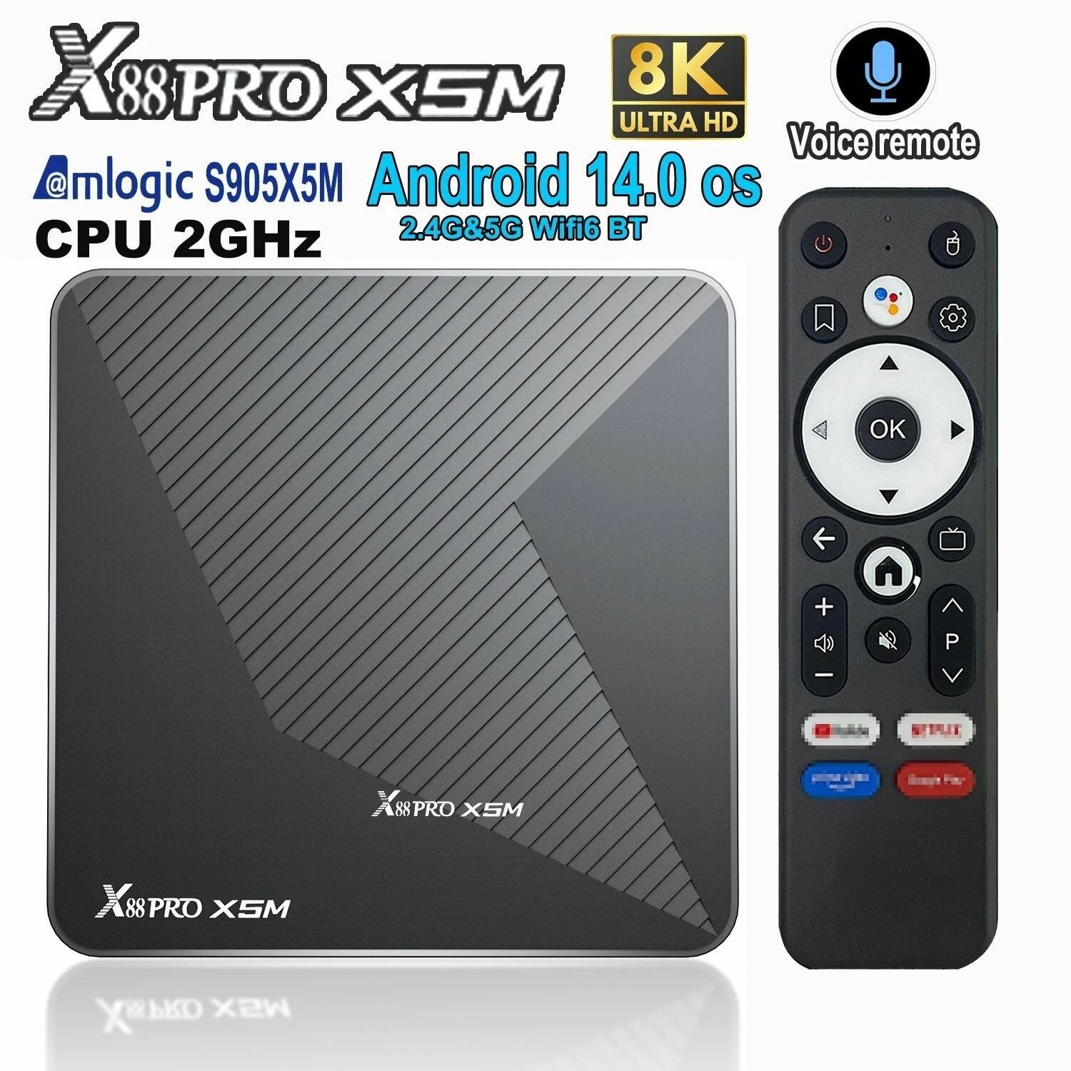 X88 PRO X5M Android 14 TV Box Amlogic S905X5M CPU 2.0GHz HDR 8k Dual Wifi BT5.0 1000M 4Гб/64Гб Lan Пульт.