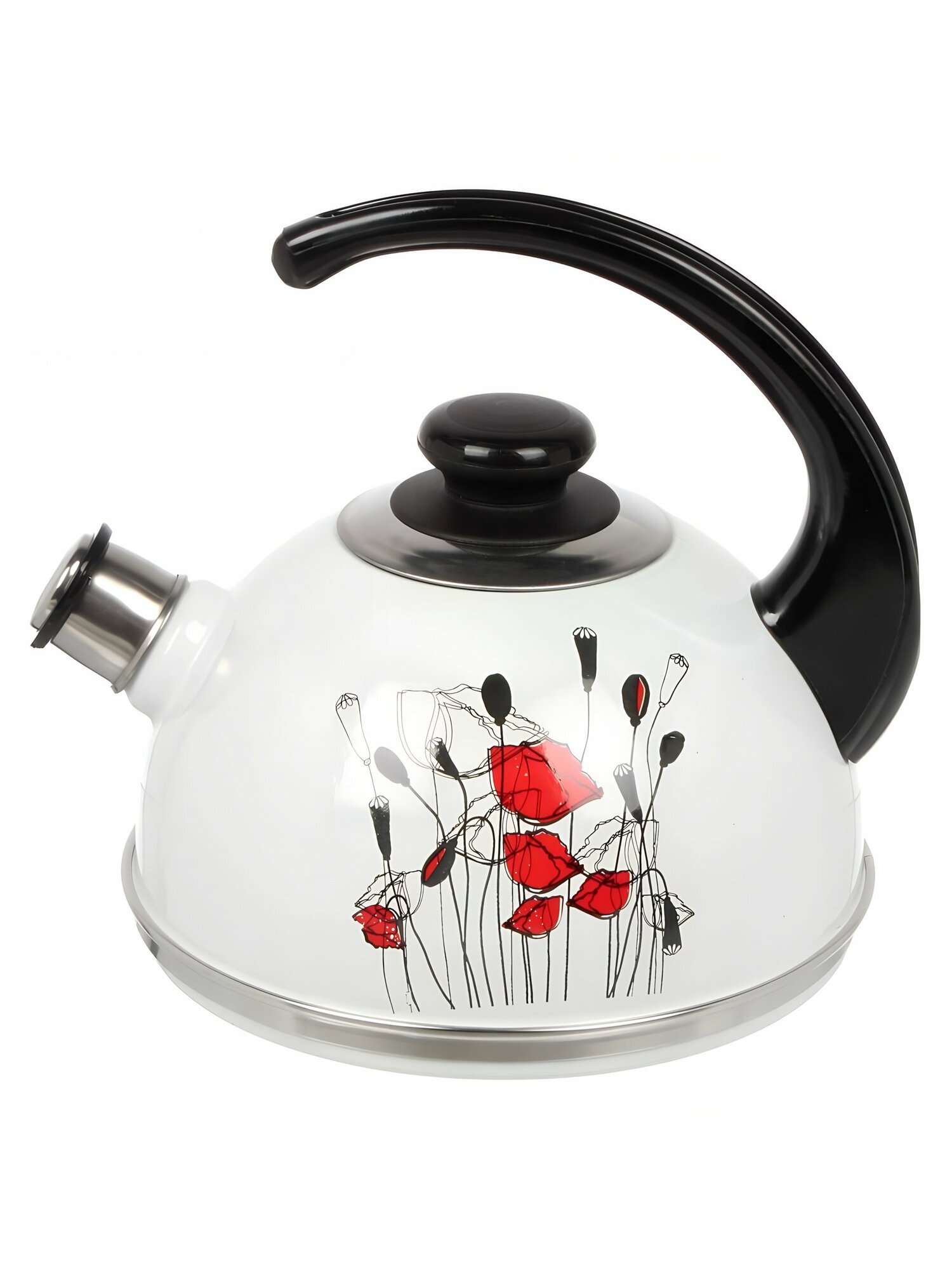 Чайник сталь, эмалированное покрытие, 2.5 л, со свистком, ручка консольная, Рубин, Полевые маки, белый, T04/25/03/43