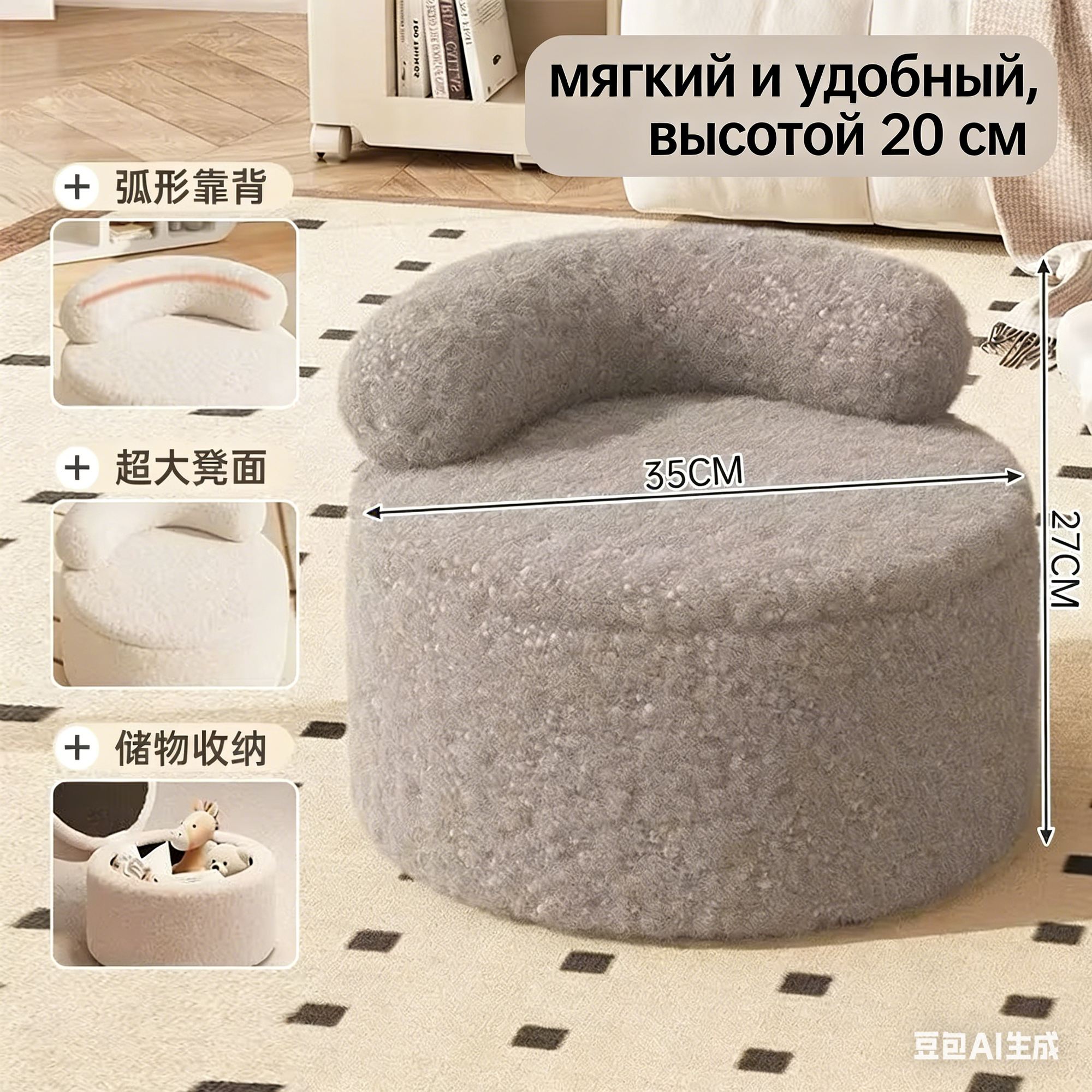 Круглый табурет из овечьего бархата, мягкий и удобный, высотой 20 см