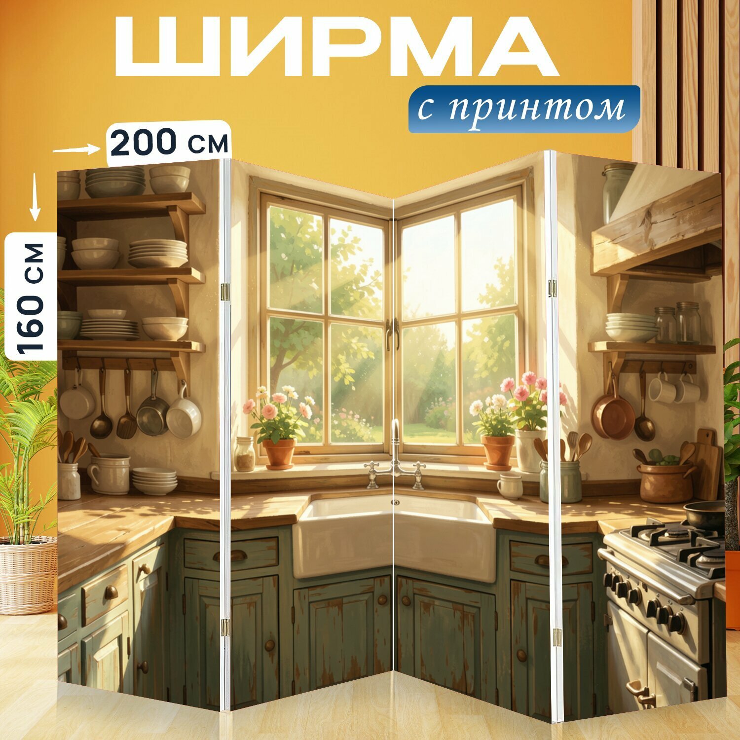 Ширма "Уютная кухня у окна с цветами. Светлая домашняя столовая зона в стиле кантри: деревянные шкафчики." перегородка для зонирования комнаты с принтом 200x160 см. на холсте
