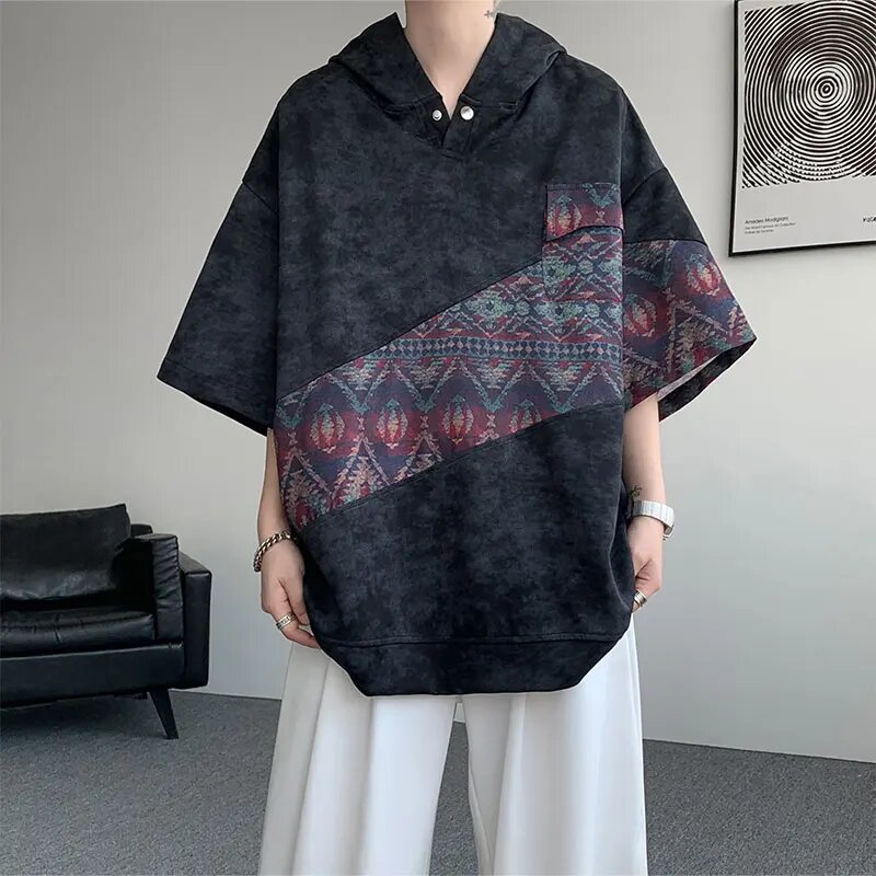 Мужская толстовка оверсайз в стиле ретро с этническим узором тай-дай, хип-хоп, с XXL, Черный, черный