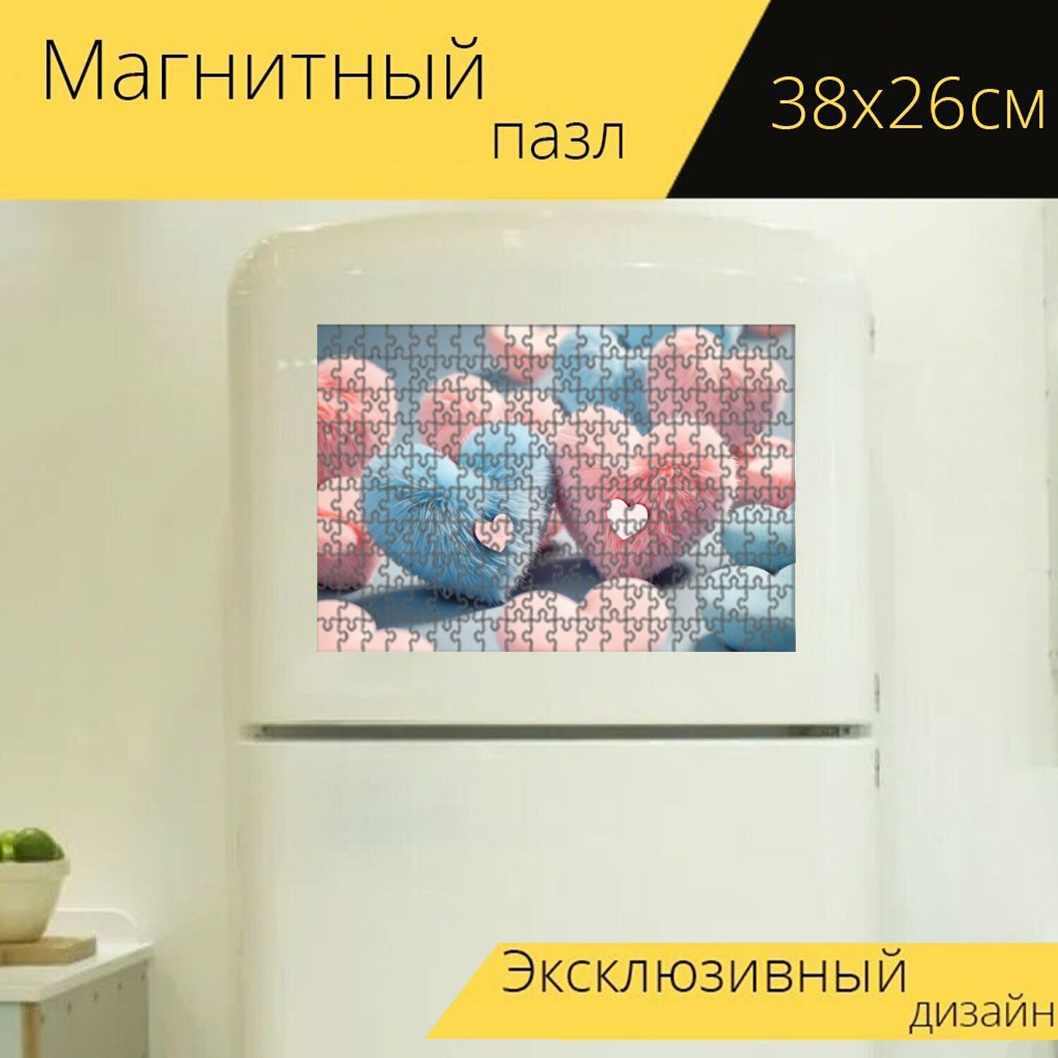Магнитный пазл "Нежный, реалистичный, детальный, мягкий фокус, сердца из пушистого материала в пастельных тонах, сочетание бледно-розового и голубого цвета." для интерьера, 38х26 см.