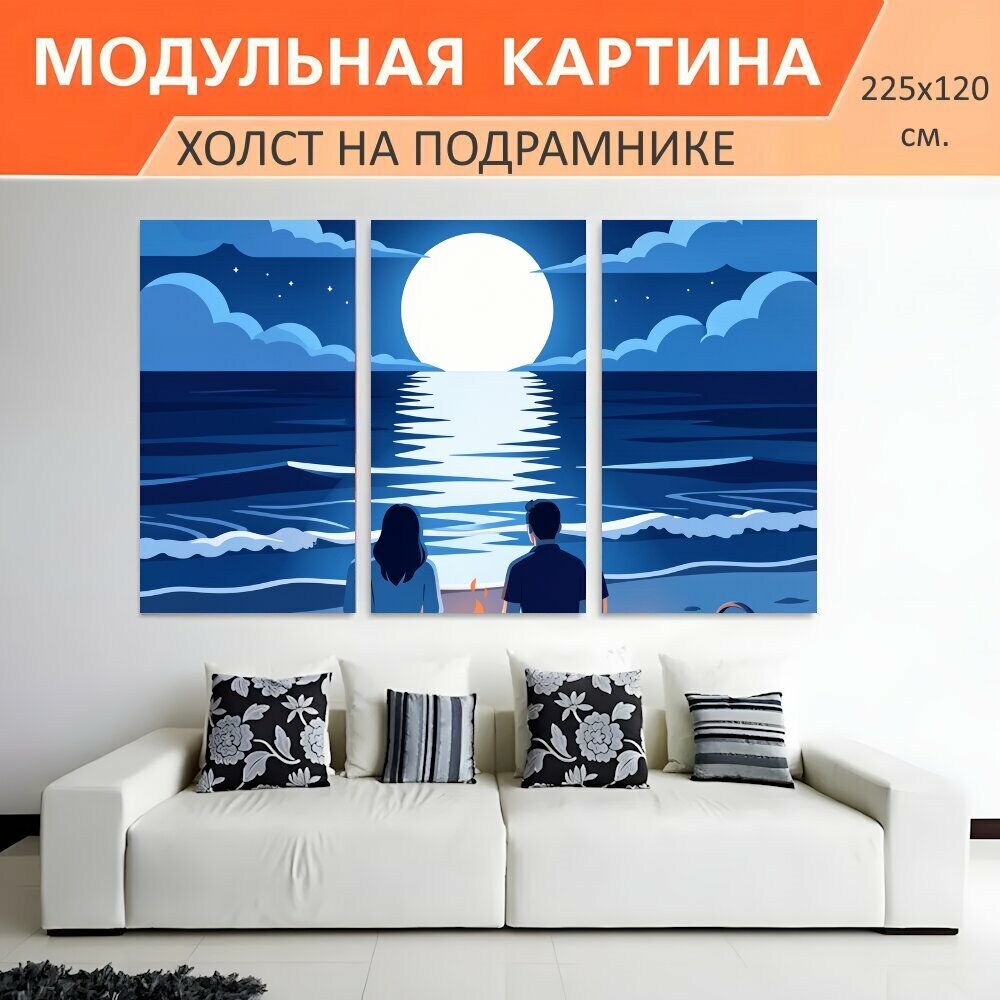 Модульная картина на холсте "Ночной пляж у костра. Двое влюблённых на берегу моря у маленького огня, лунное сияние отражается в воде." триптих на подрамнике 225х120 см. для интерьера