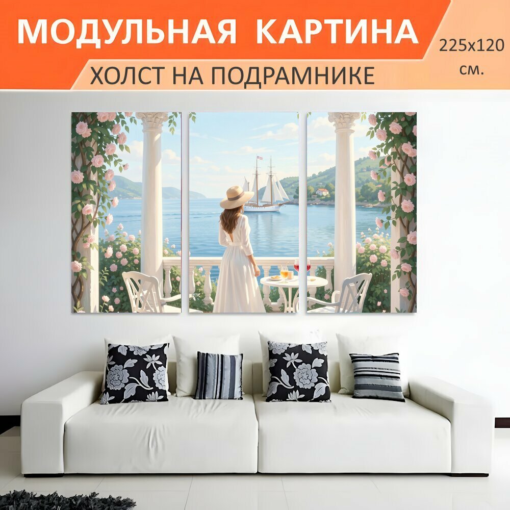 Модульная картина на холсте "Девушка у моря с парусником. Летняя романтичная сцена в пастельных тонах: белое платье, шляпа, цветущая." триптих на подрамнике 225х120 см. для интерьера