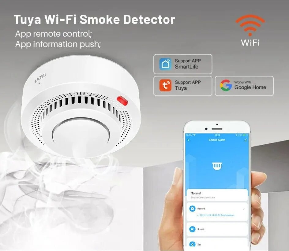 Датчик дыма WiFi Tuya, Пожарный извещатель, Пожарная сигнализация, Детектор дыма, Может быть независимо подключен к приложению для получения тревожной информации