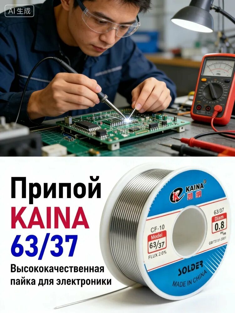 Припой 63/37 с флюсом, Kaina CF-10, 100гр, 0.8мм