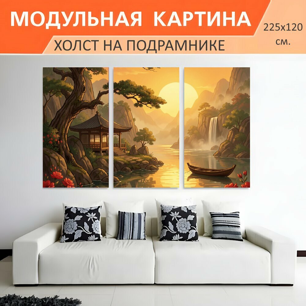Модульная картина на холсте "Японский пейзаж с закатом. Стилизованный восточный пейзаж с горными скалами, водопадом, тихой рекой и." триптих на подрамнике 225х120 см. для интерьера