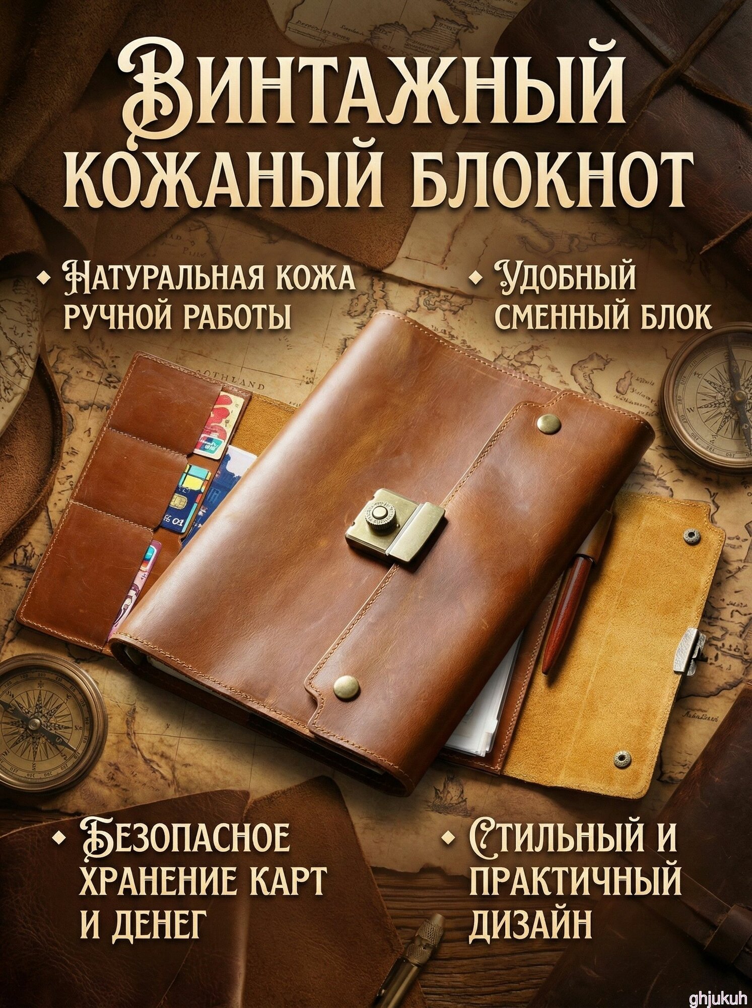 Блокнот с кожаной обложкой и кодовым замком, формат А5, сменный блок, 96 листов