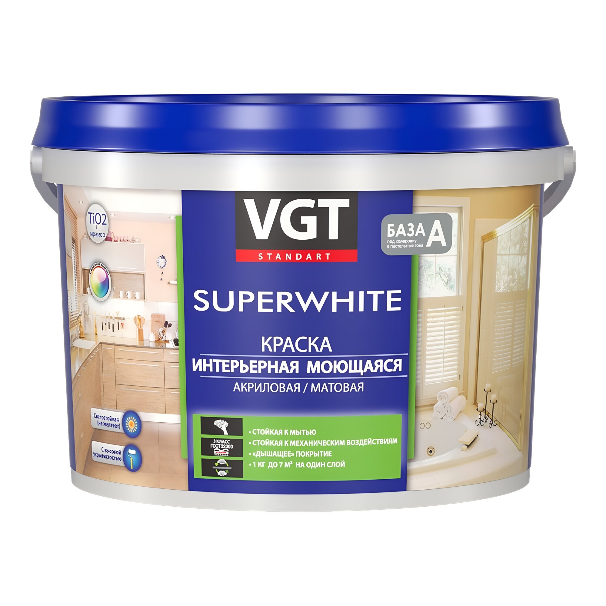 Краска интерьерная моющаяся VGT ВД-АК-1180, матовая, база A, белая, 13 кг