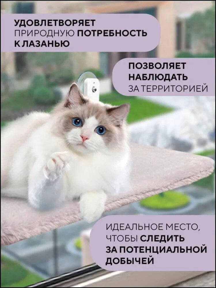 Гамак для кошек Conflate, плюш+сетка, 52*30 см, светло-серый, на окно/стену — фото 1