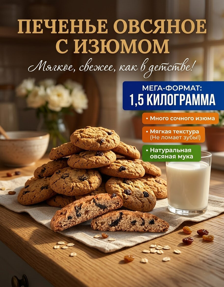 Печенье овсяное с изюмом 1,5 кг мягкое / ПКС / Сладости к чаю большая упаковка