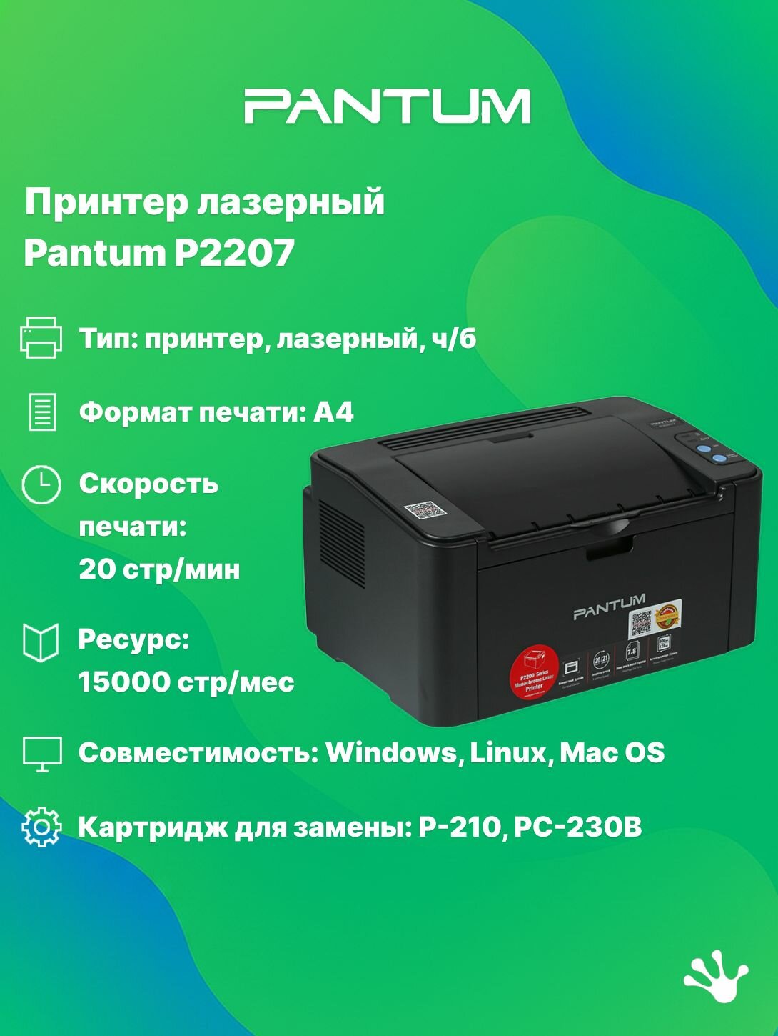 Принтер лазерный Pantum P2207, A4, черный