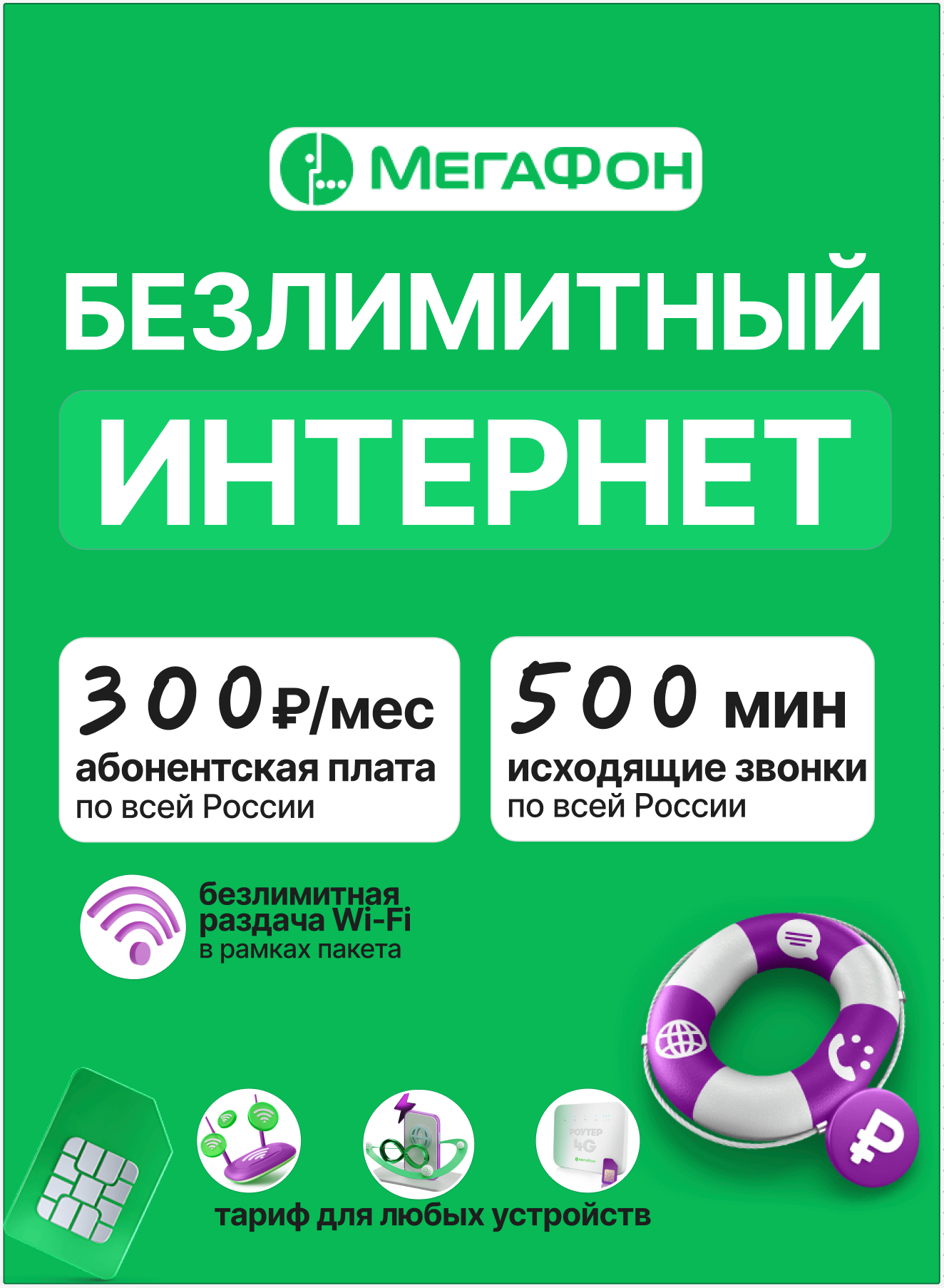 Сим-карта Мегафон безлимитный интернет 300руб/мес для модема и роутера