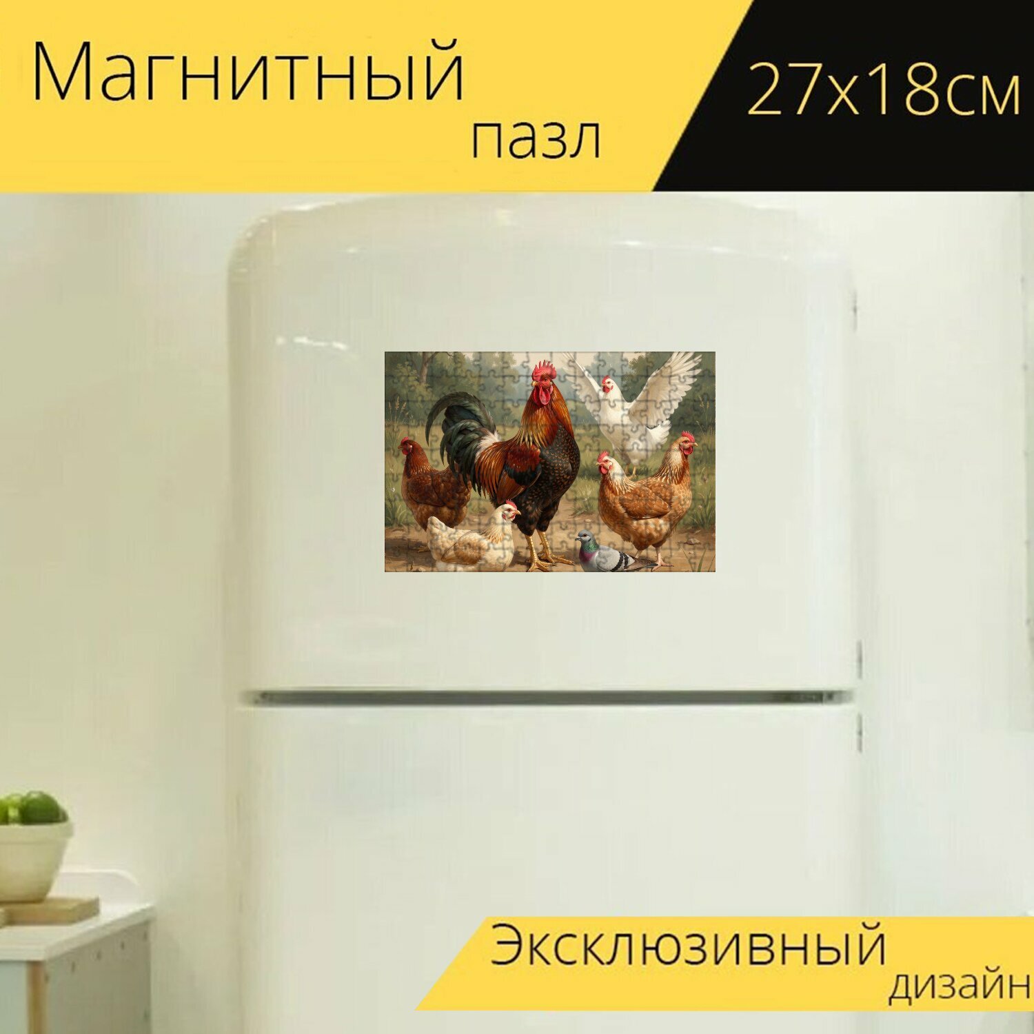 Магнитный пазл "Домашняя птица на деревенской тропе. Живописная фермерская сцена с петухом, курами и голубем на лесной опушке. Тёплые природные тона." на холодильник 27 x 18 см.