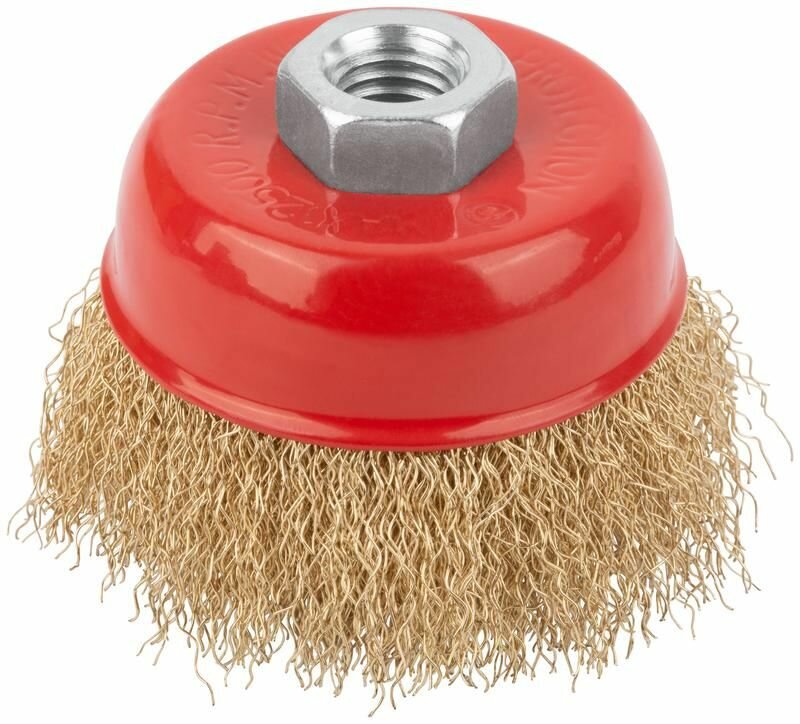 Корщетка чашечная гайка М14 стальная латунированная волнистая проволока 75мм курс 39037