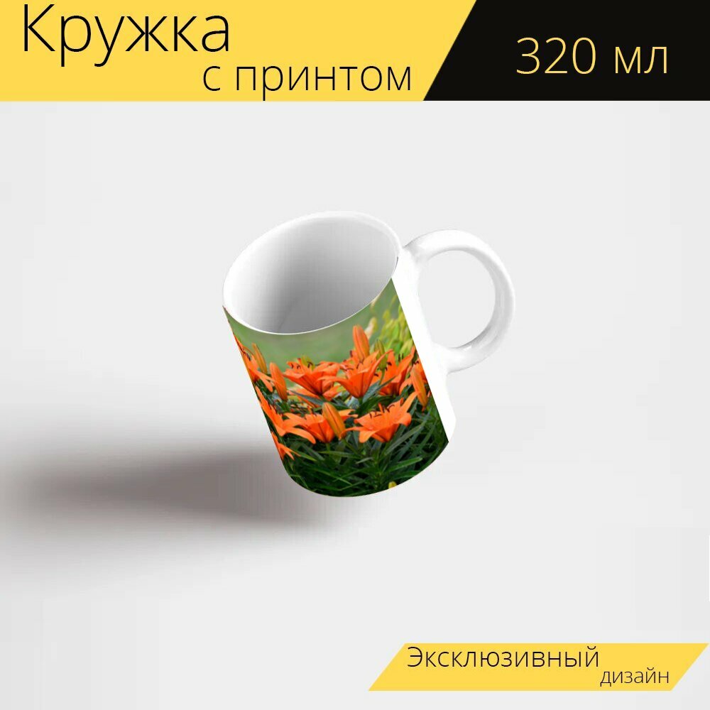 Кружка с рисунком, принтом "Лилии Яркий оранжевый лилии в саду лилии цветы растения цветение яркие оранжевые красочные тропический весна красота лепестки сад фон" 320 мл.