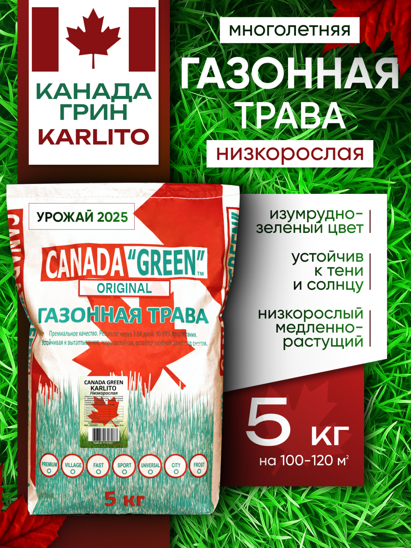 Газонная трава семена Канада Грин Низкорослая Карлито 5 кг / Canada Green Karlito 5 кг / мятлик, овсяница