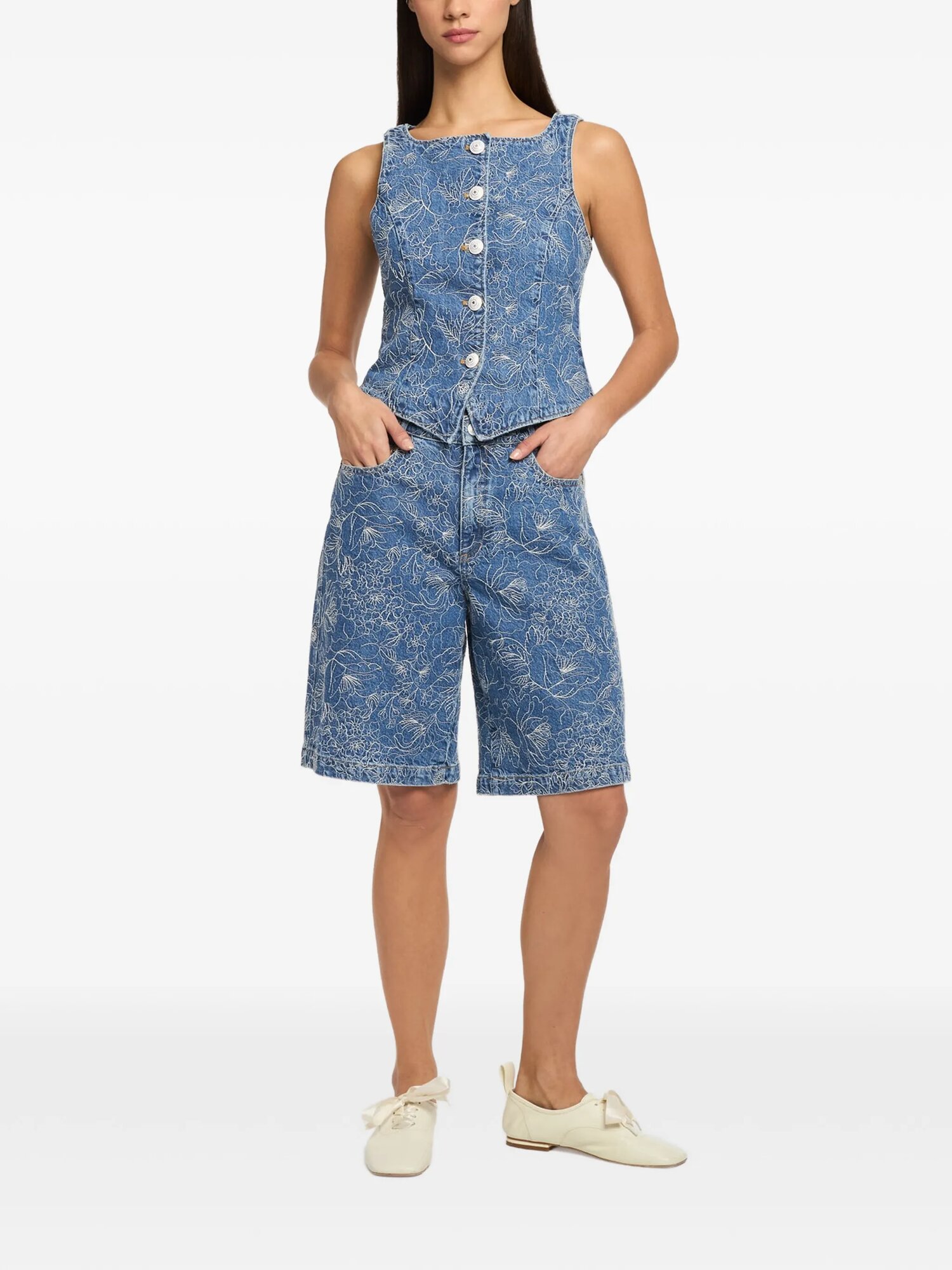 Жилет cinq a sept Floral button-denim vest, размер 2XS, blue — фото 1