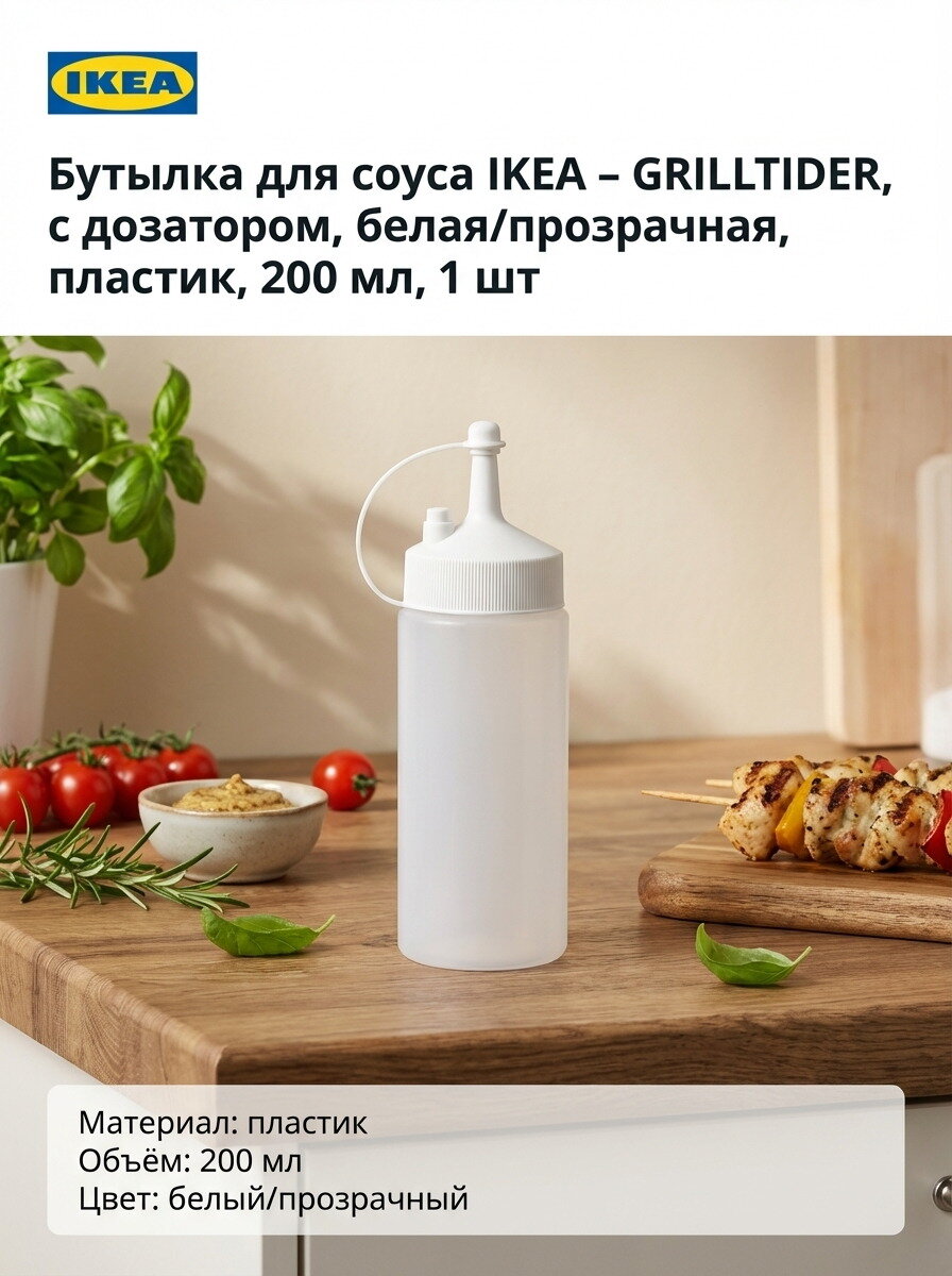 Бутылка для соуса IKEA GRILLTIDER, с дозатором, белая/прозрачная, пластик, 200 мл, 1 шт