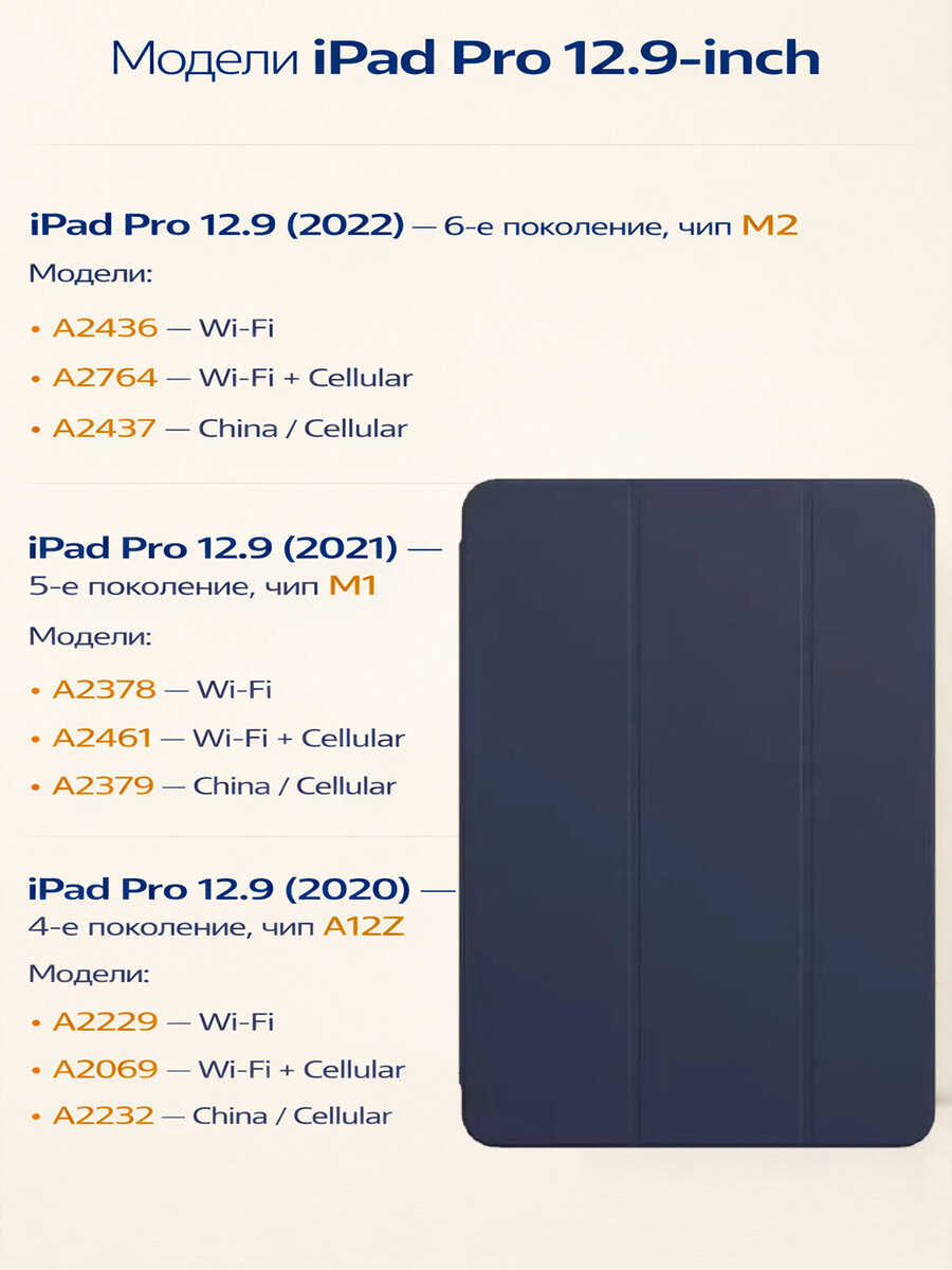 Чехол на Apple iPad Pro 12.9 (2020, 2021, 2022), 4-го, 5-го и 6-го поколения, Smart Folio (магнитное крепление), темно-синий