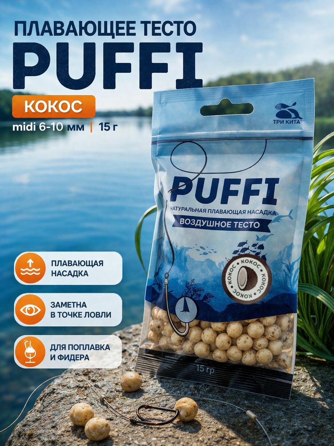 Воздушное тесто для рыбалки PUFFI MIDI, Кокос, 15 г - плавающая насадка 6-10 мм для карася, карпа, леща