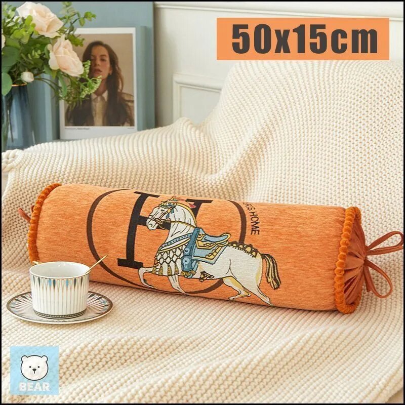 Подушка декоративная оранжевая 15x50 см с рисунком из микрошенилла для декора
