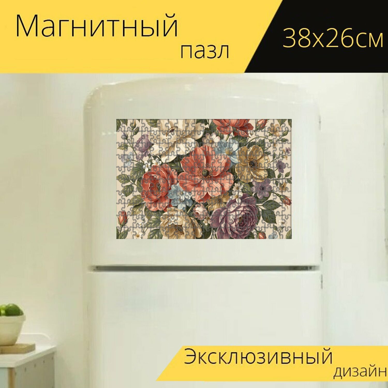 Магнитный пазл "Винтажная композиция с садовыми цветами. Нежный ботанический орнамент с пышными бутонами, листьями и мелкими соцветиями. Ретро иллюстрация в." для интерьера, 38х26 см.